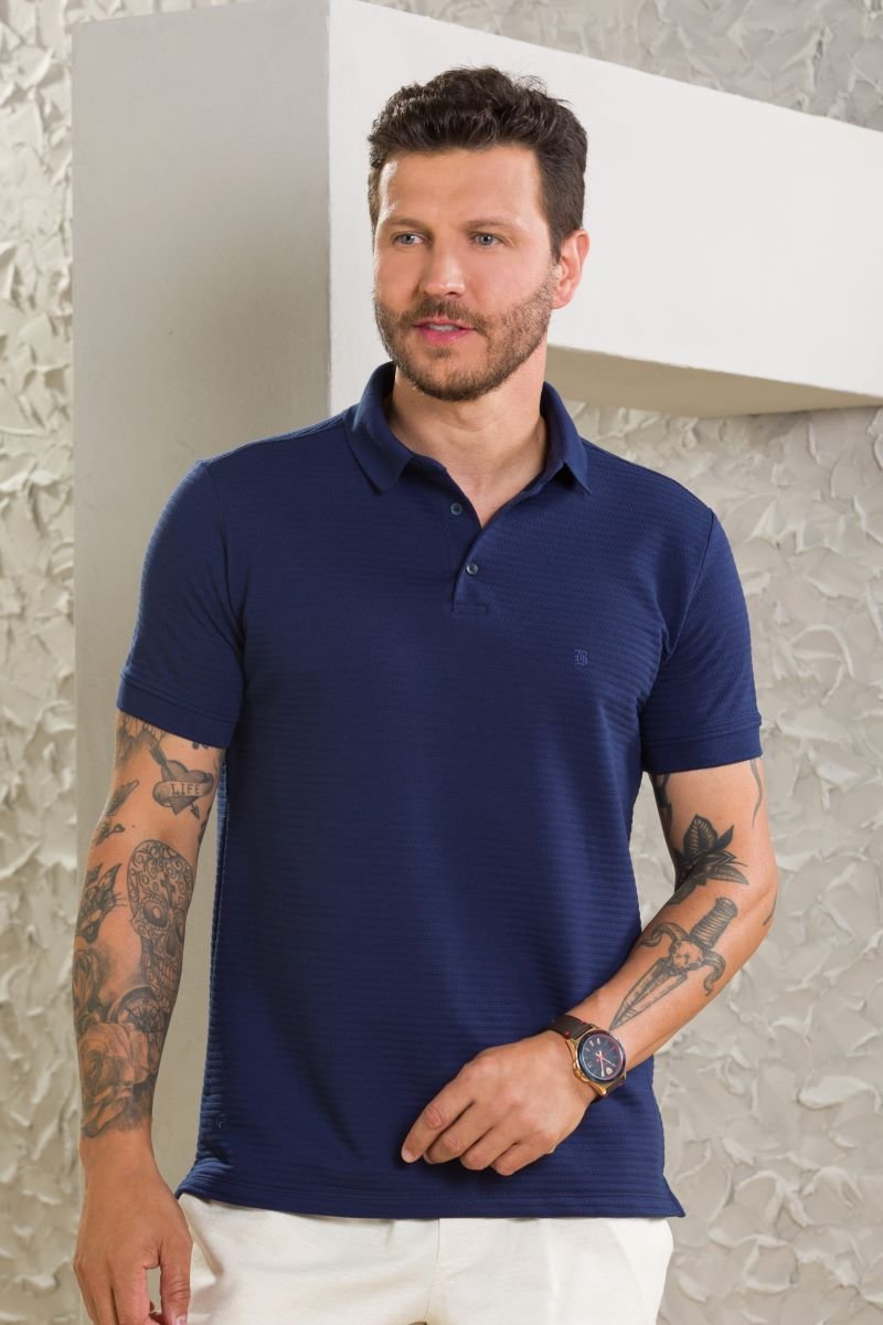 Camisa Masculina Polo Manga Curta Texturizada Azul Marinho